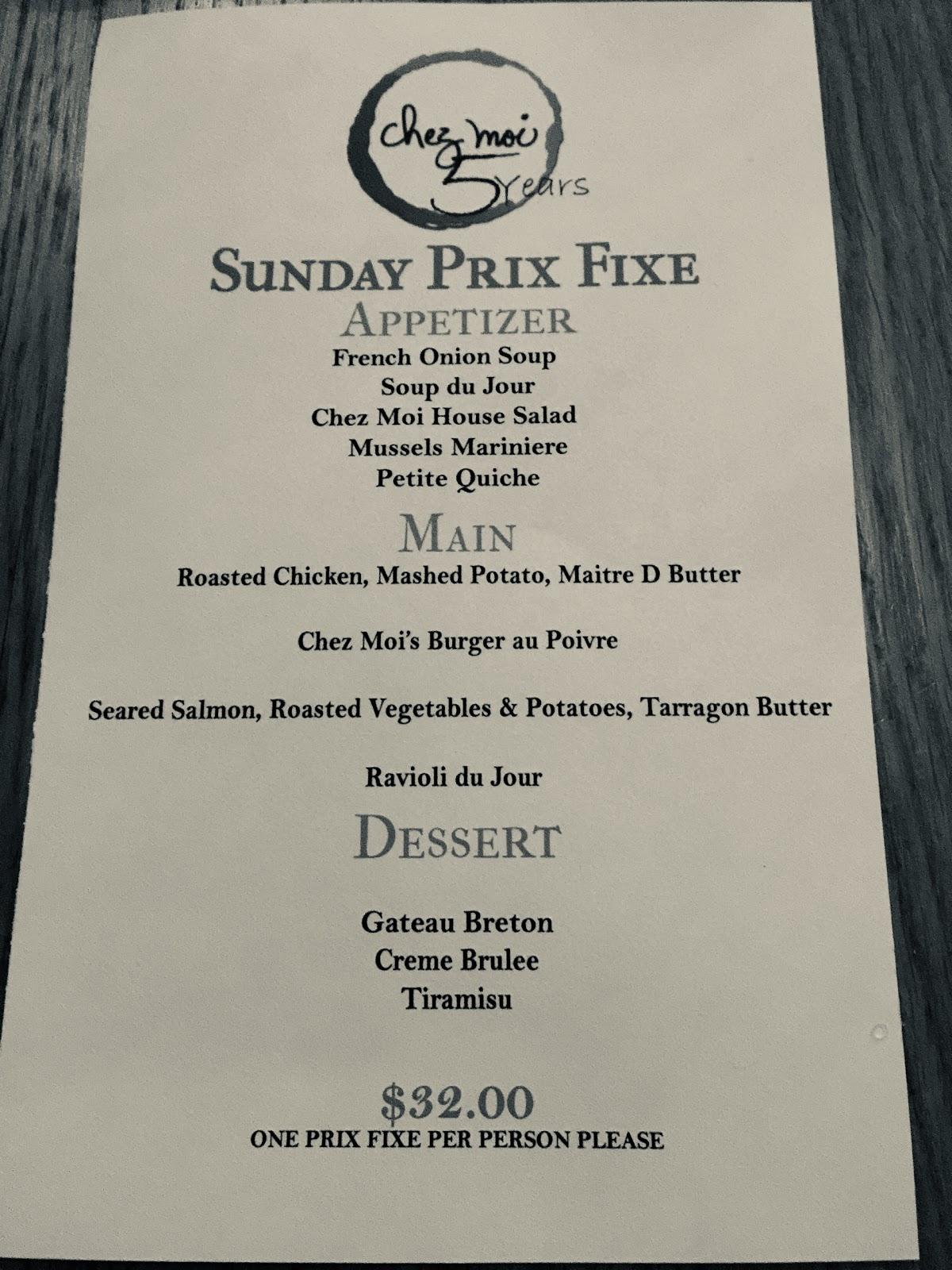 Menu at Chez Moi restaurant, Chicago