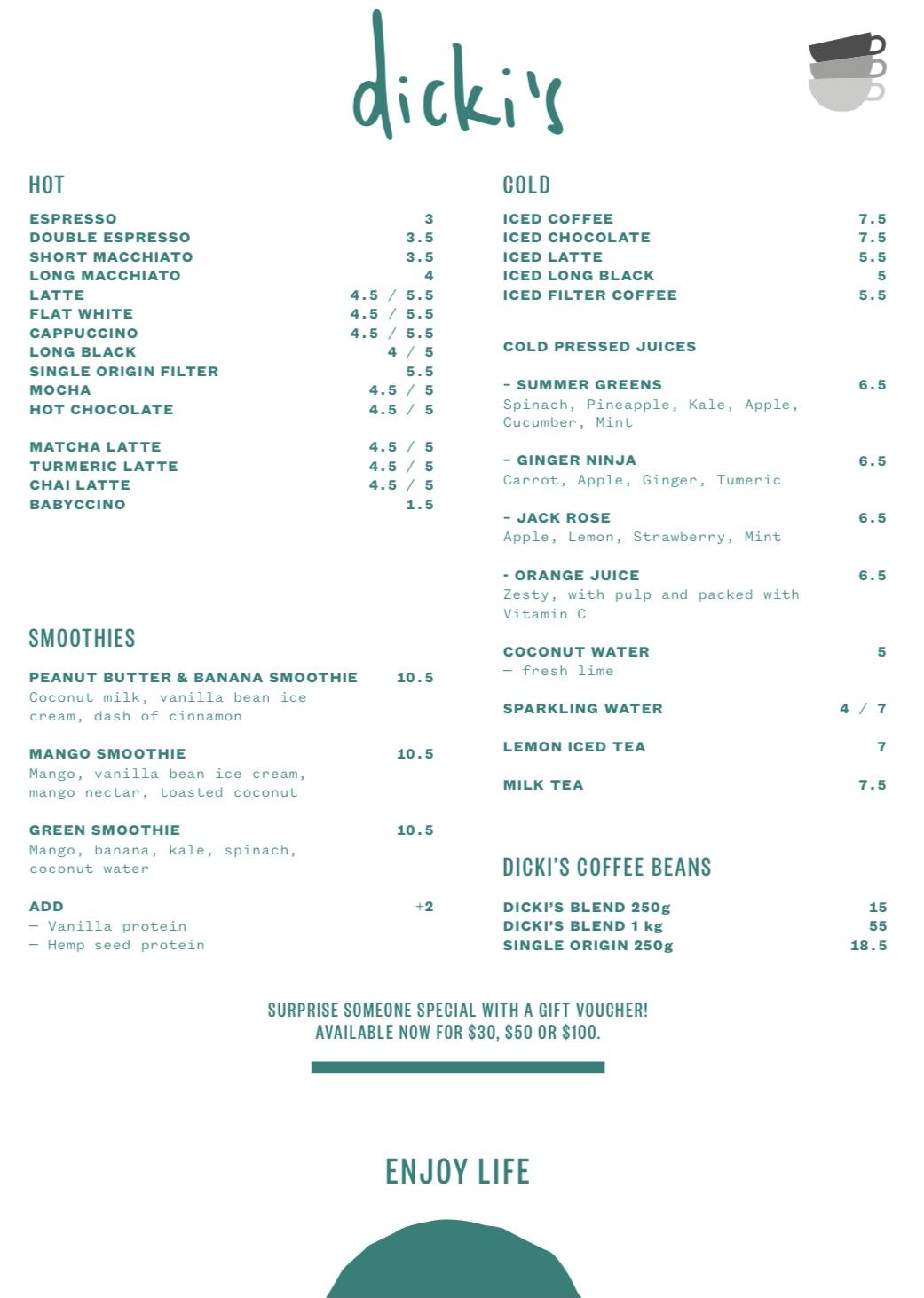 Menu at Dicki's New Farm restaurant, New Farm