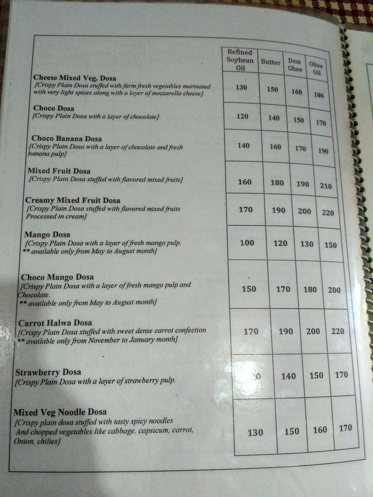 Menu at Dosa Cafe, Varanasi