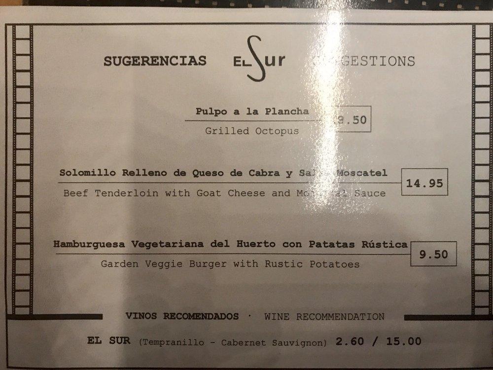 Carta del pub y bar Taberna El Sur, Madrid