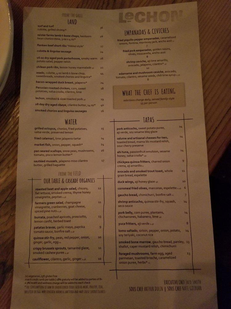 Menu at Lechon pub & bar, Portland