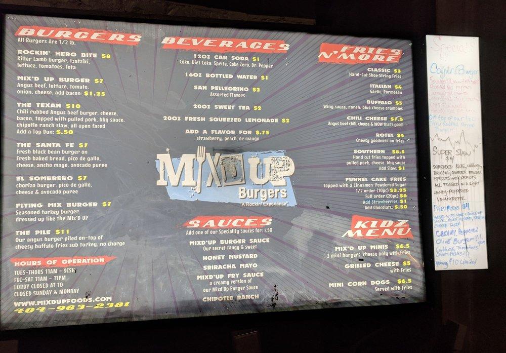 Menu at Mix'D Up Burgers restaurant, Atlanta, 313 Boulevard SE