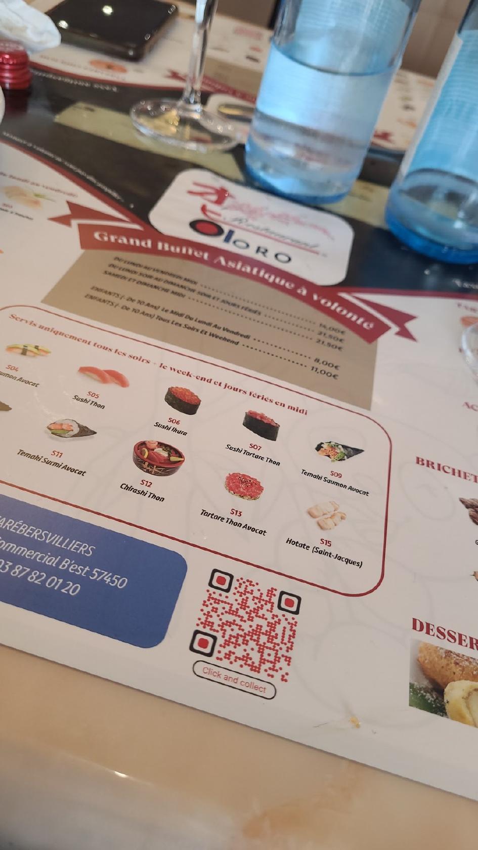 Menu at ÔTORO restaurant, Farébersviller
