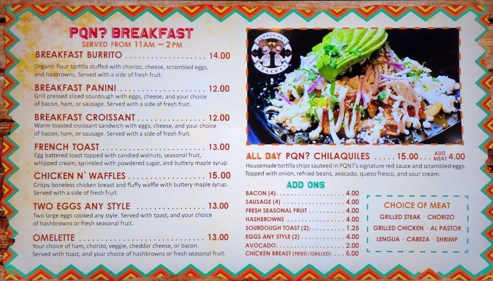 Menu at Porque no? Tacos restaurant, San Leandro
