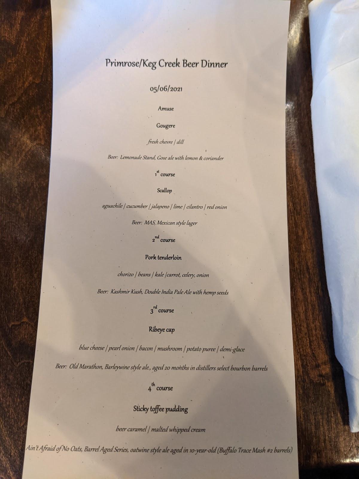 Menu at Primrose pub & bar, Corning