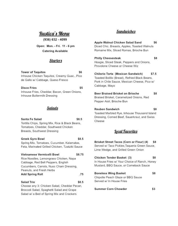 Menu at Rustica's: A Globally Inspired Kitchen restaurant, Lufkin