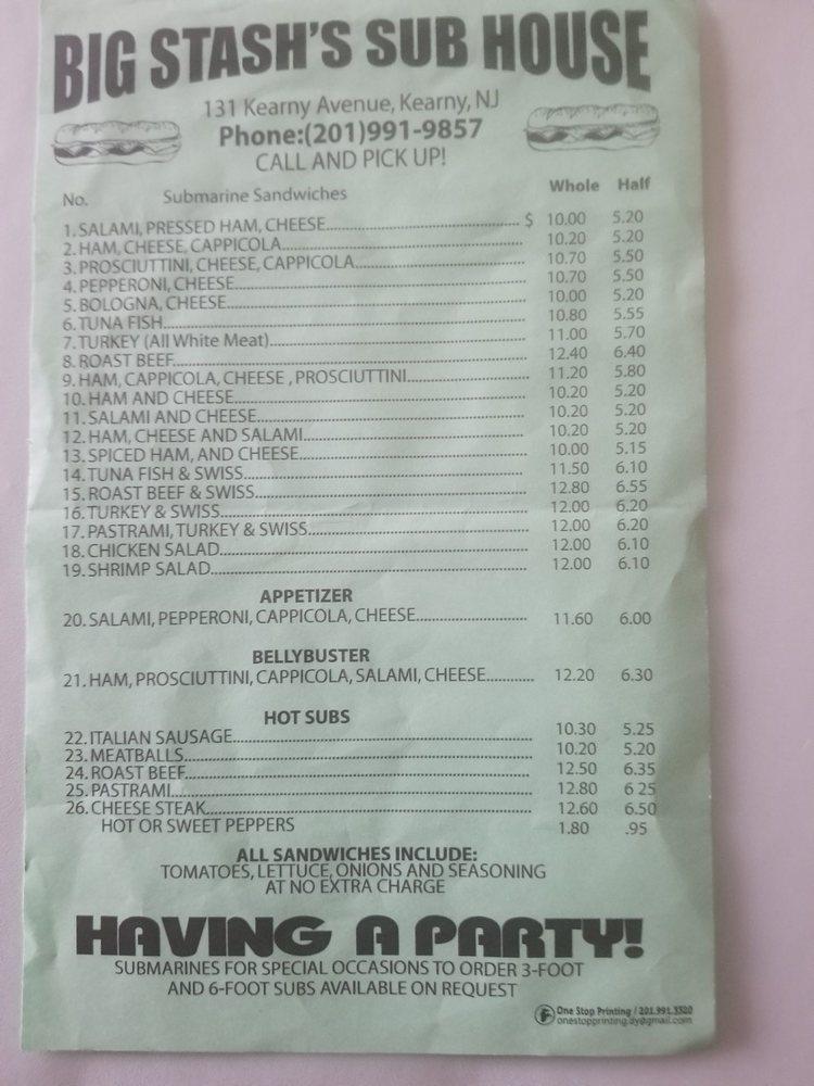 Menu at Big Stash's Sub House restaurant, Kearny