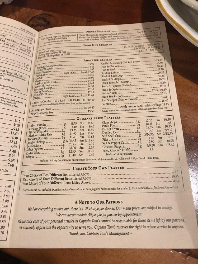Menu at Captain Tom's Seafood restaurant, Colonial Heights