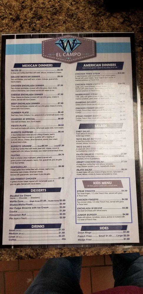 Menu at Diamond W restaurant, El Campo