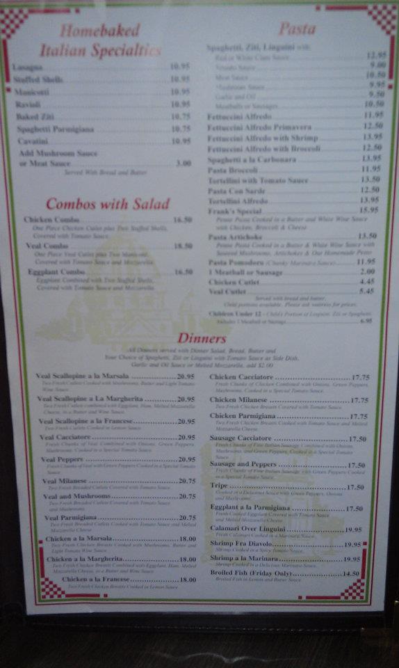 Menu at Frank's Sunny Italy Family Restaurant, Buffalo