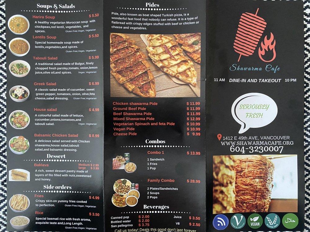 Menu at Shawarma Cafe, Vancouver
