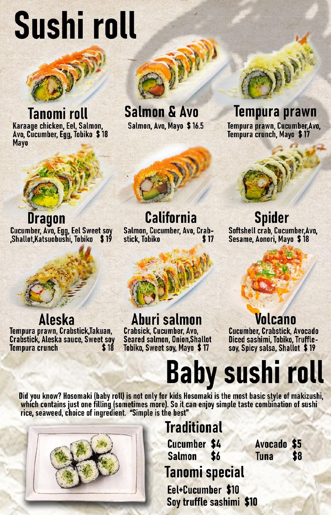 Menu at Tanomi Lidcombe restaurant, Lidcombe