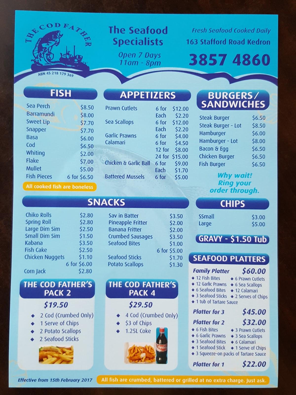 Menu at The Cod Father restaurant, Kedron