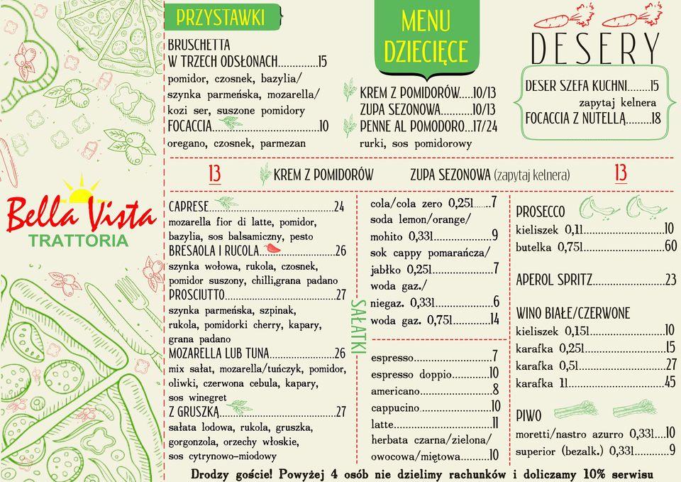Menu at Trattoria Bella Vista restaurant, Warsaw