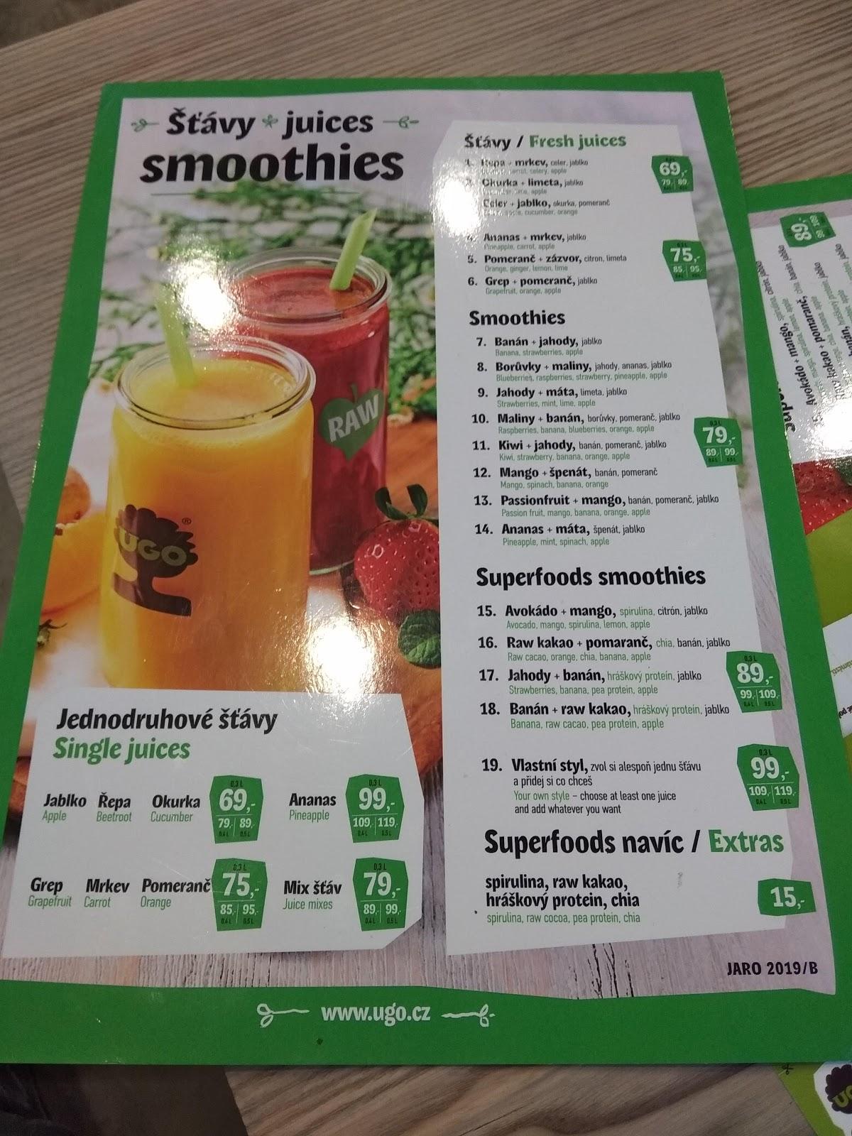 Menu at UGO FRESHBAR, Prague, M. Horákové 832/5