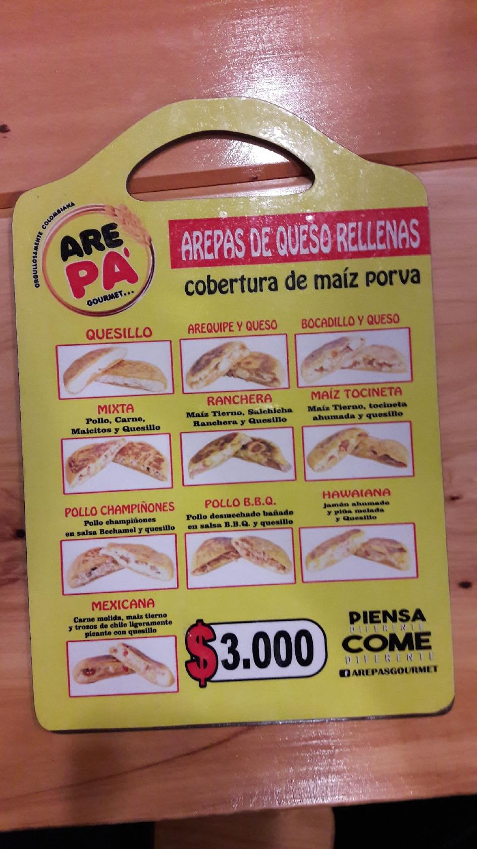 Menu at Arepa Gourmet restaurant, Santa Rosa de Cabal