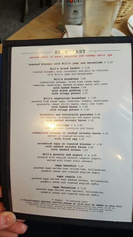 Menu at Bill's Westfield Restaurant, London, Westfield Shopping Centre
