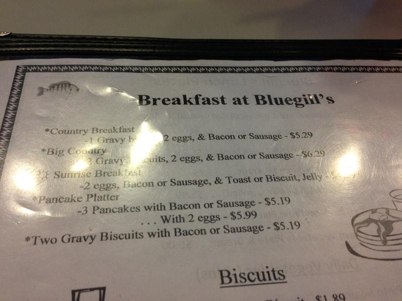 Menu at Blue Gill's restaurant, Johnson City, Kingsport Hwy