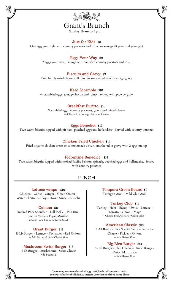 Menu at Grant's Neighborhood Grill restaurant, Meridian