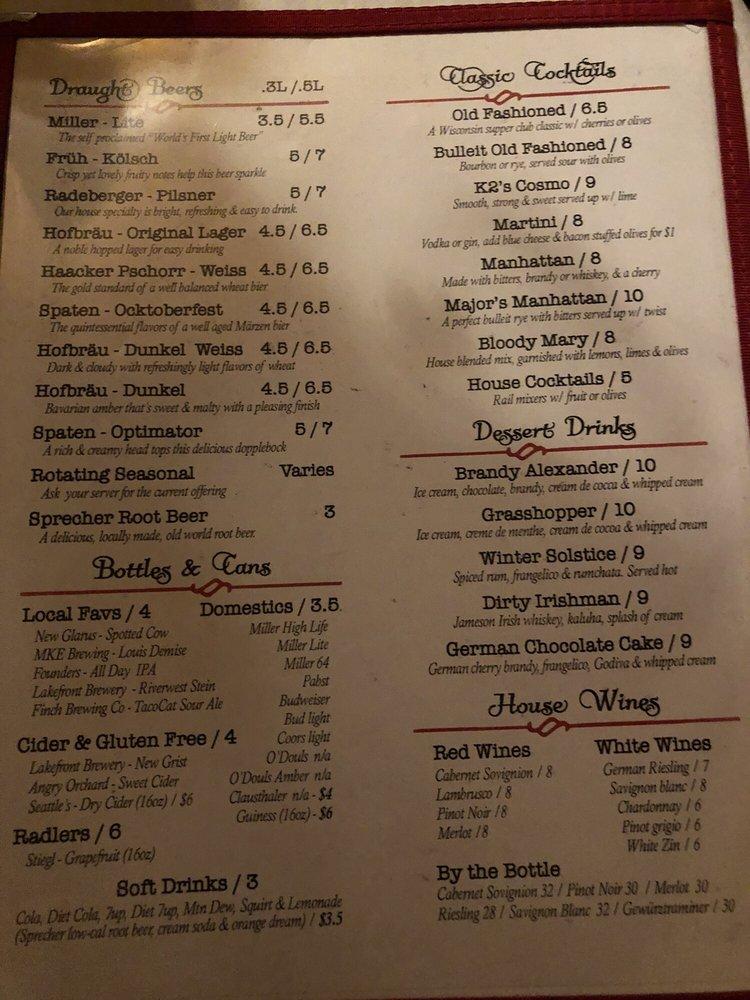 Menu at Kegel's Inn restaurant, West Allis