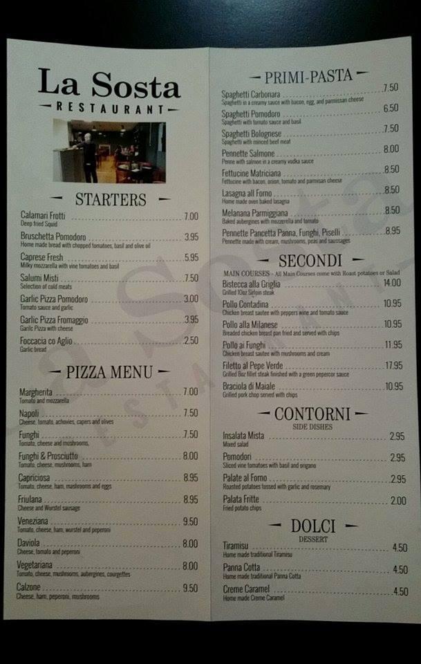 Menu at La Sosta restaurant, Lancing