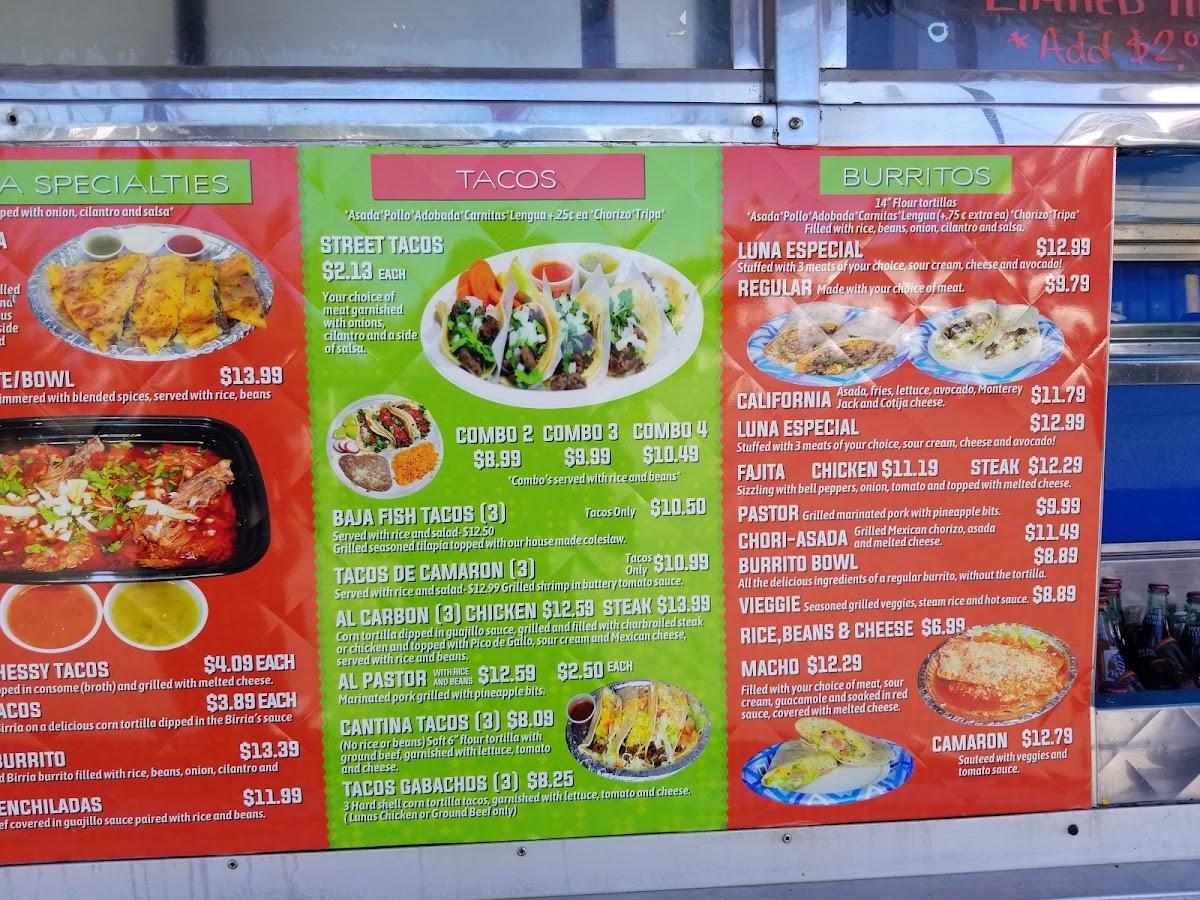 Carta del restaurante La luna Tacos, Olympia, 406 Water St SW
