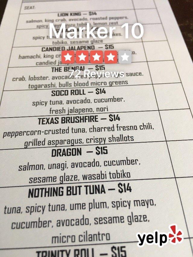 Menu at Marker 10 Spirits & Cuisine restaurant, Austin