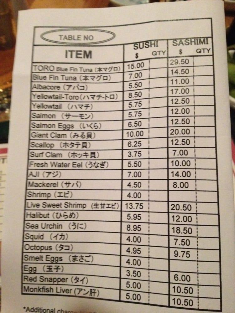 Menu at Matsuri Restaurant, Pasadena