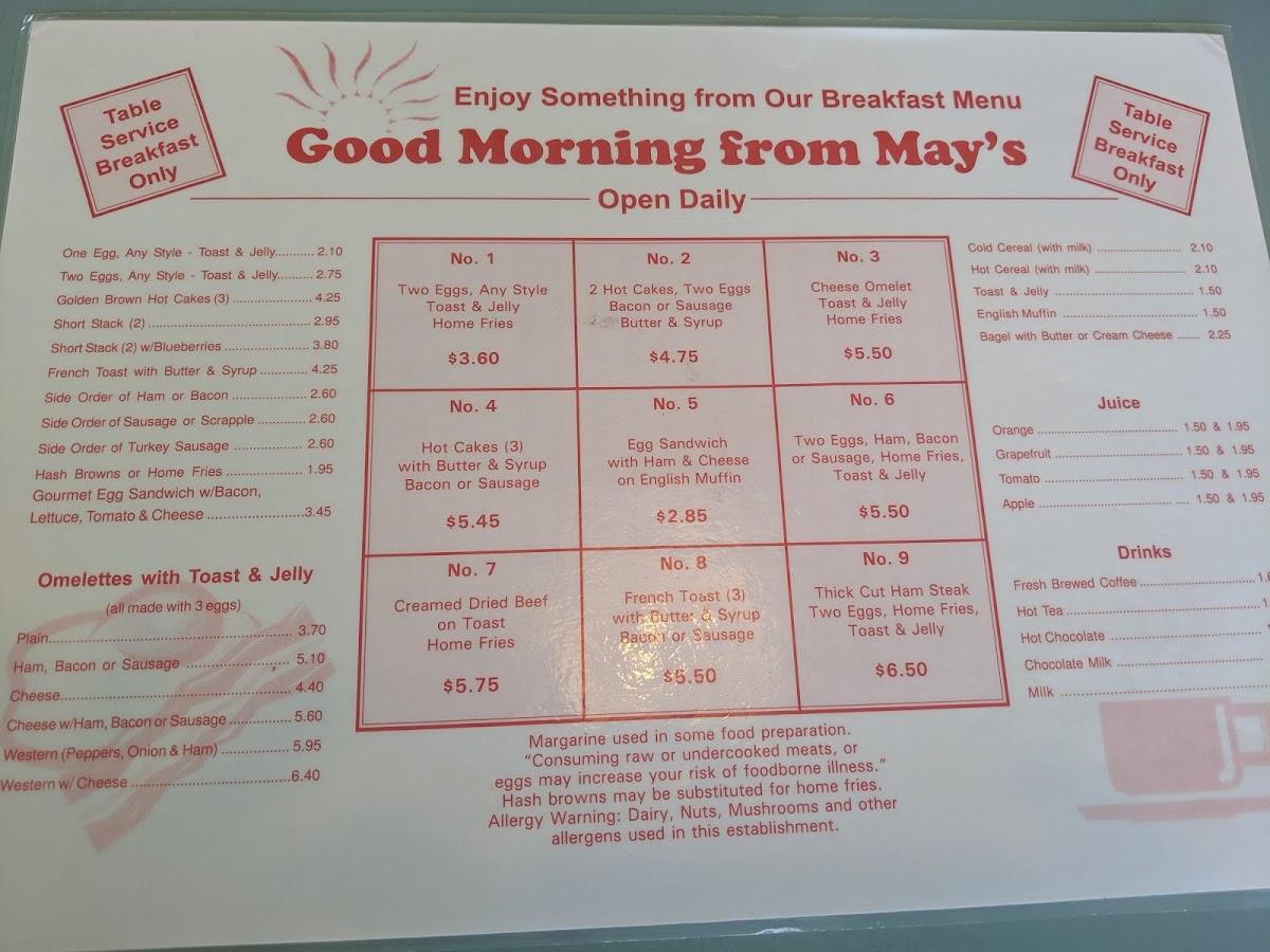 Menu at May's Drive-In Lewisburg restaurant, Milton