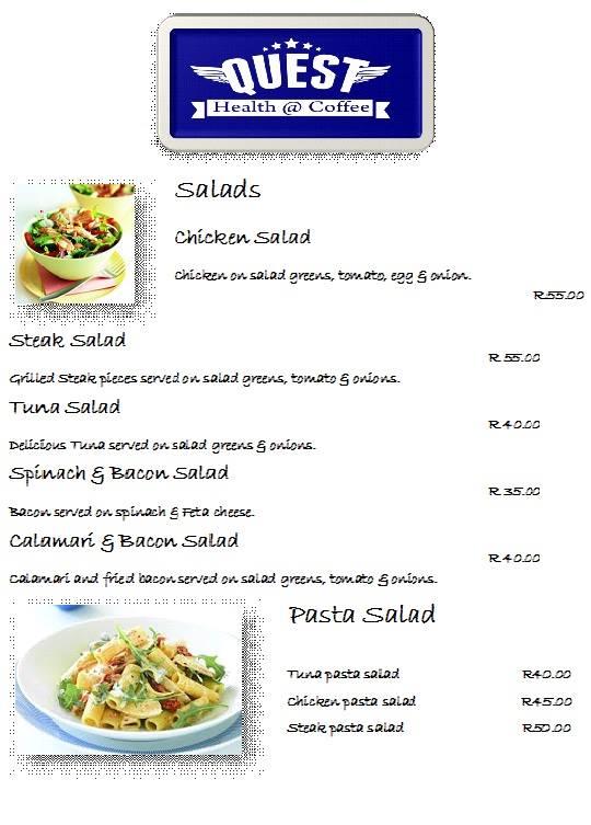 Menu at Quest Health at Coffee restaurant, Bloemfontein