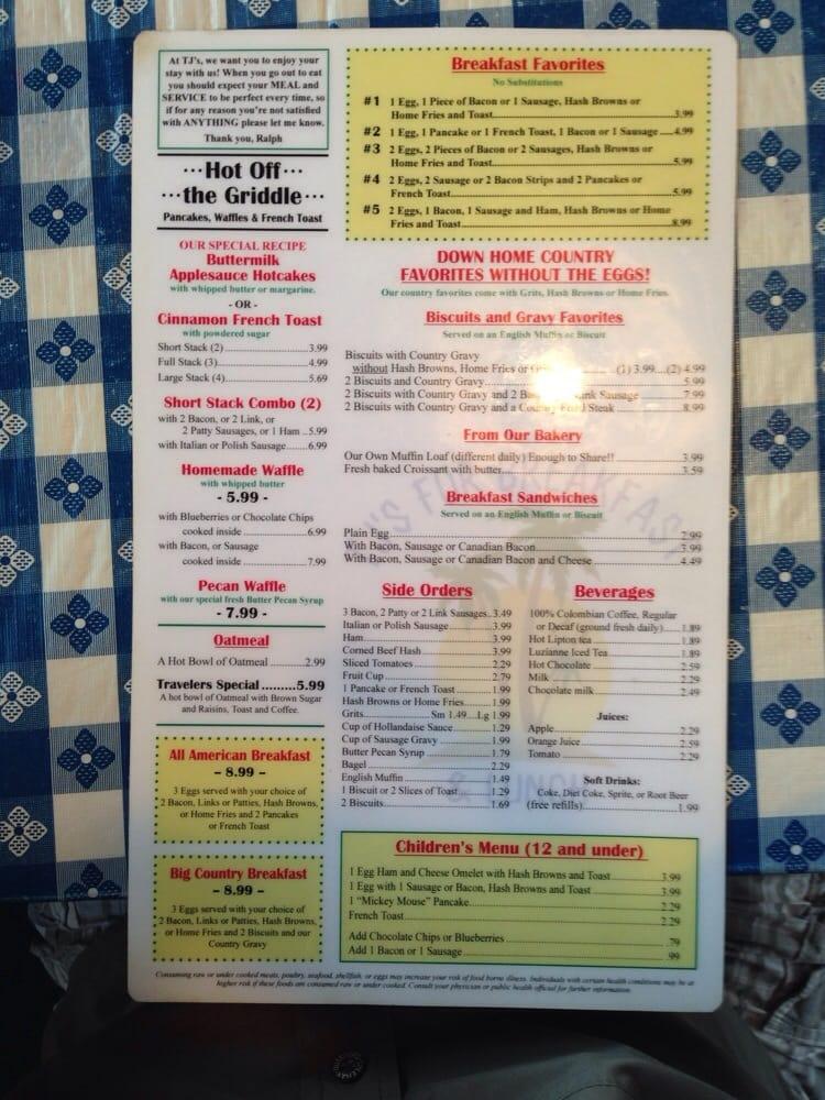 Menu at TJ's For Great Food - Breakfast and Lunch restaurant, Rockledge