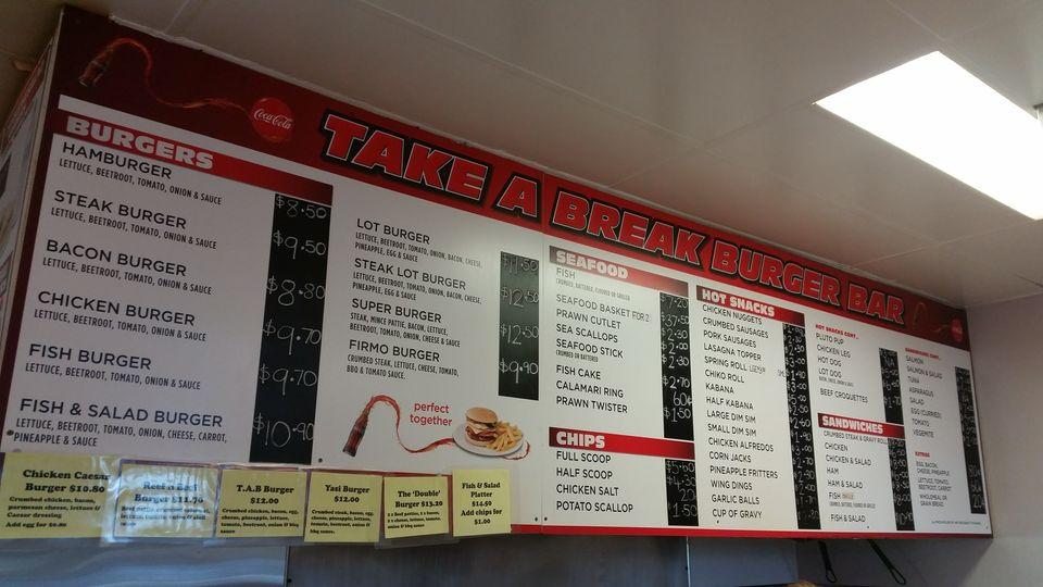 Menu at Take-A-Break Burger Bar, Kirwan