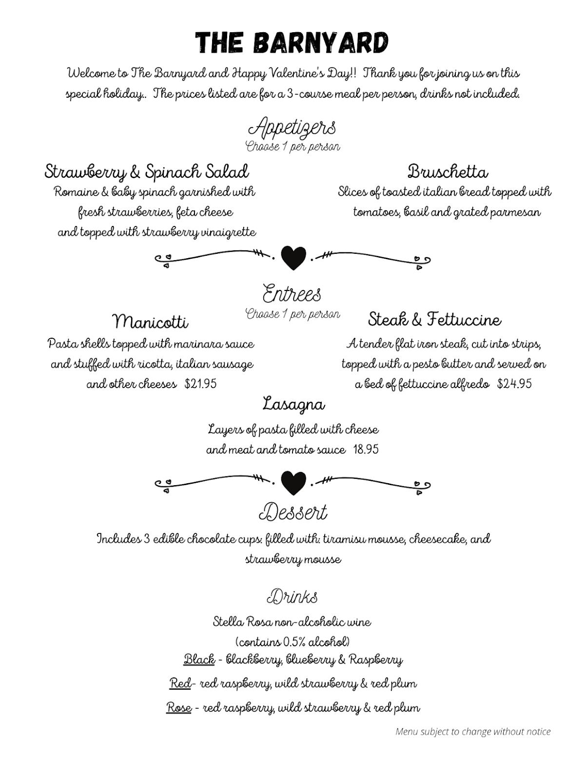 Menu at The Barnyard, Centerville