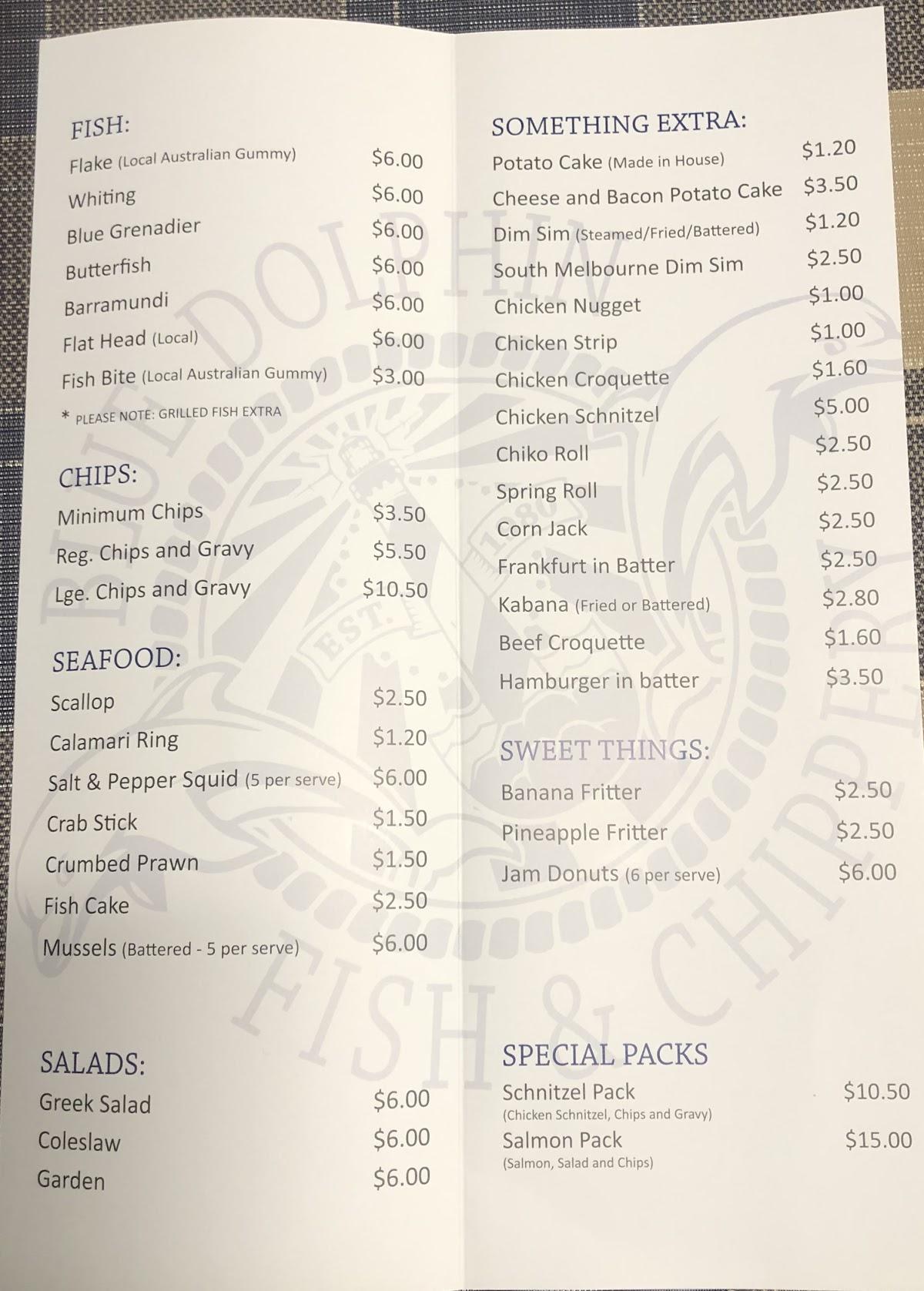 Menu at The Blue Dolphin fast food, Warragul