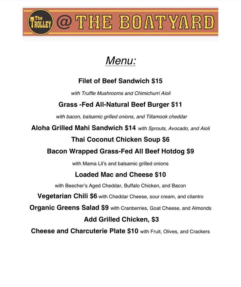 Menu at The Trolley @ the Boatyard restaurant, Gig Harbor