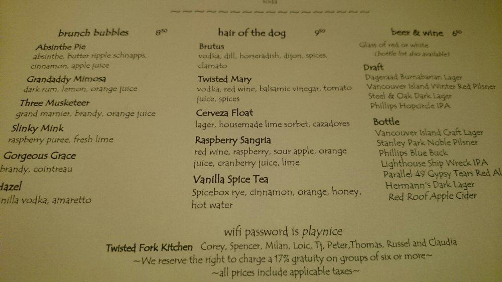 Menu at Twisted Fork restaurant, Vancouver, 213 Carrall St