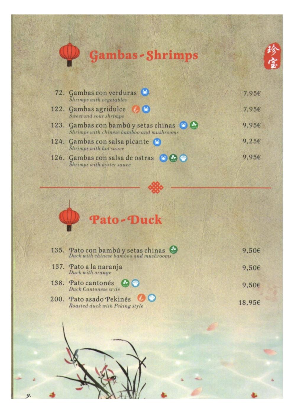 Carta de Restaurante Zhen Bao, Sevilla