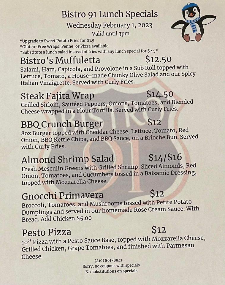 Menu at Bistro 91 pizzeria, Finksburg