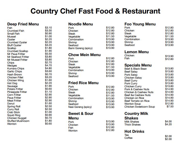 Menu at Country Chef Fast Food, Dannevirke