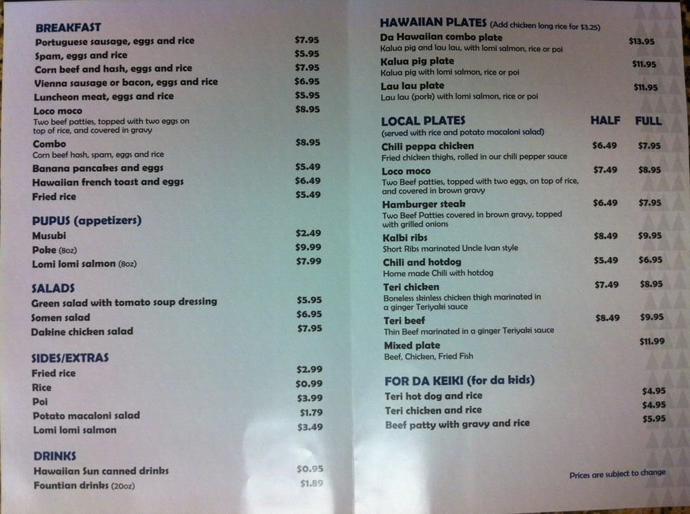 Menu at Da Hawaiian Kitchen restaurant, Huntington Beach