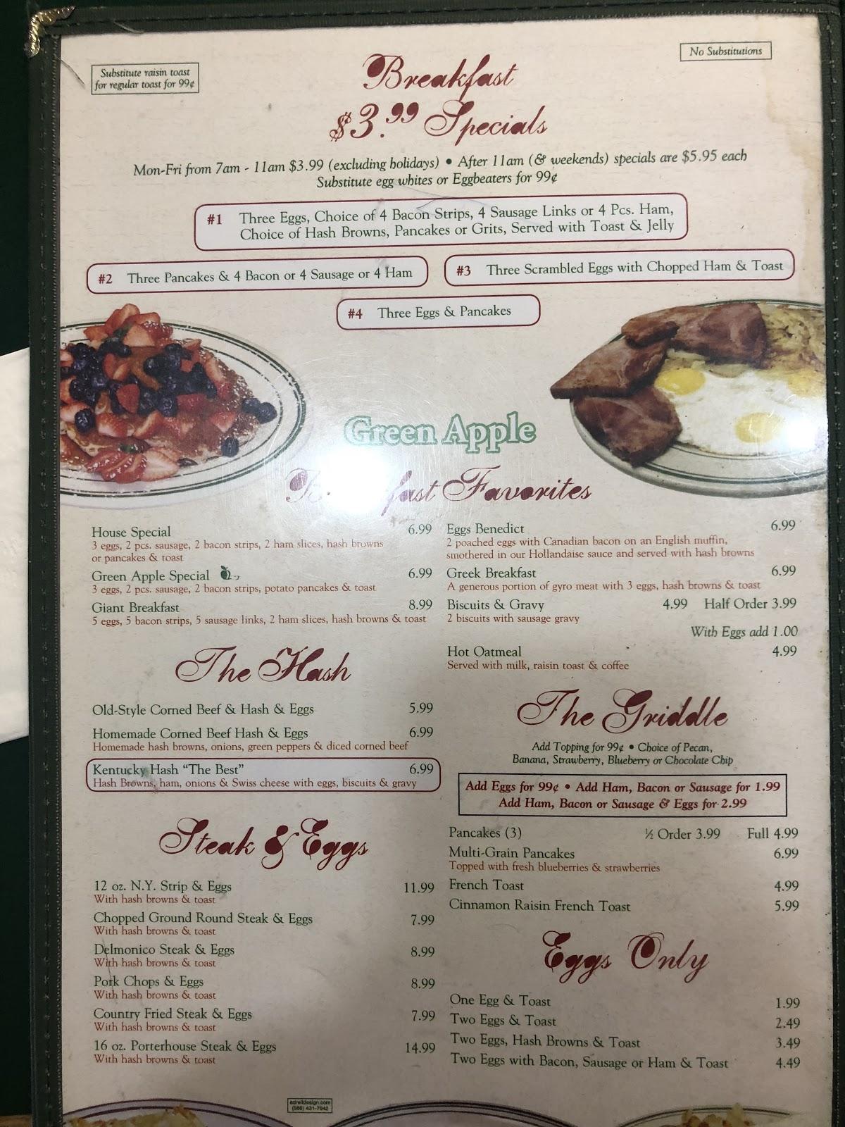 Menu at Green Apple Cooley Lake restaurant, Waterford Township, Cooley ...