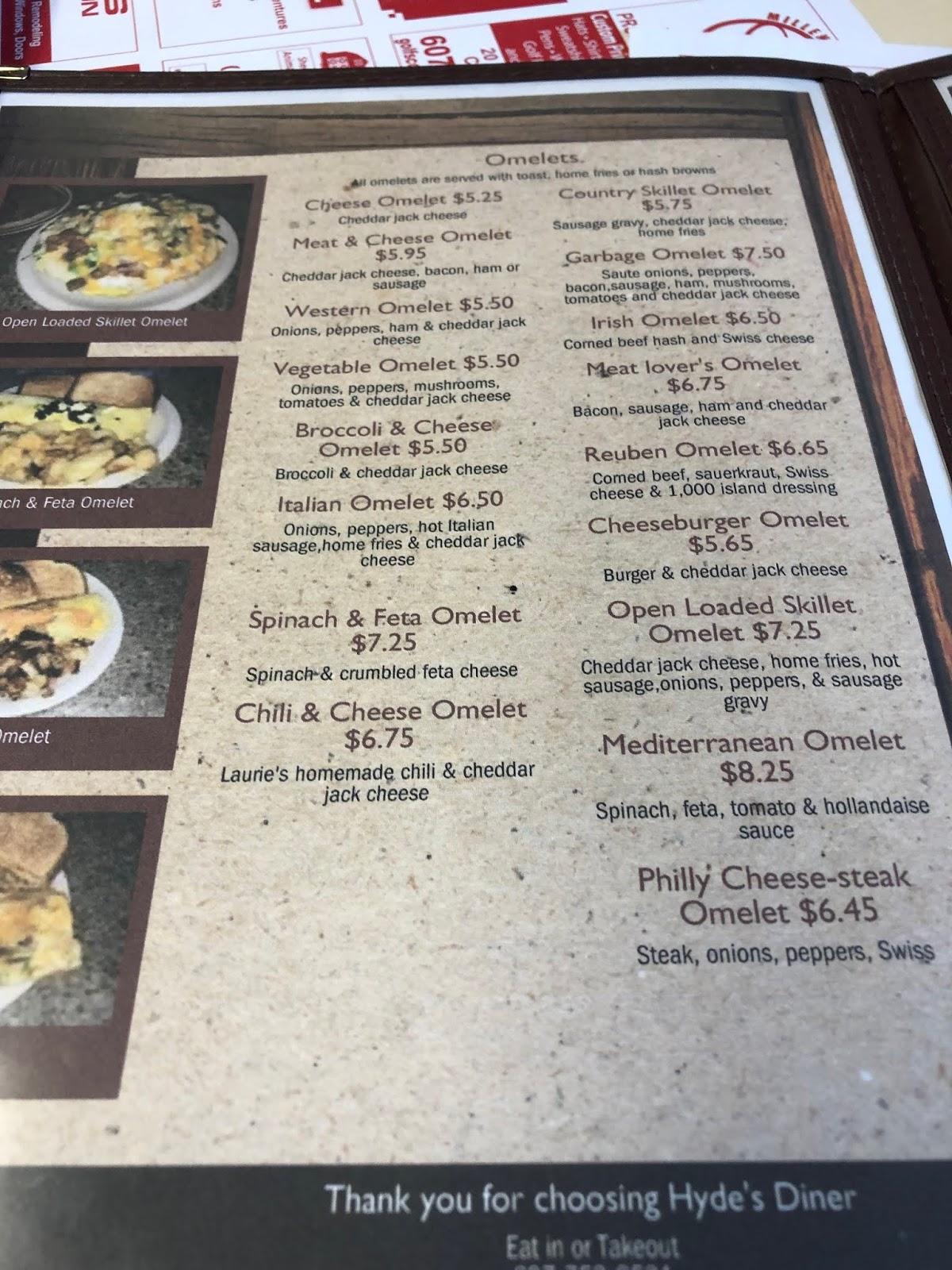 Menu at Hyde's Diner restaurant, Cortland