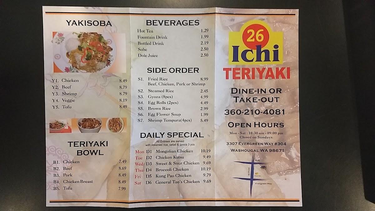 Menu at Ichi Teriyaki 26 restaurant, Washougal