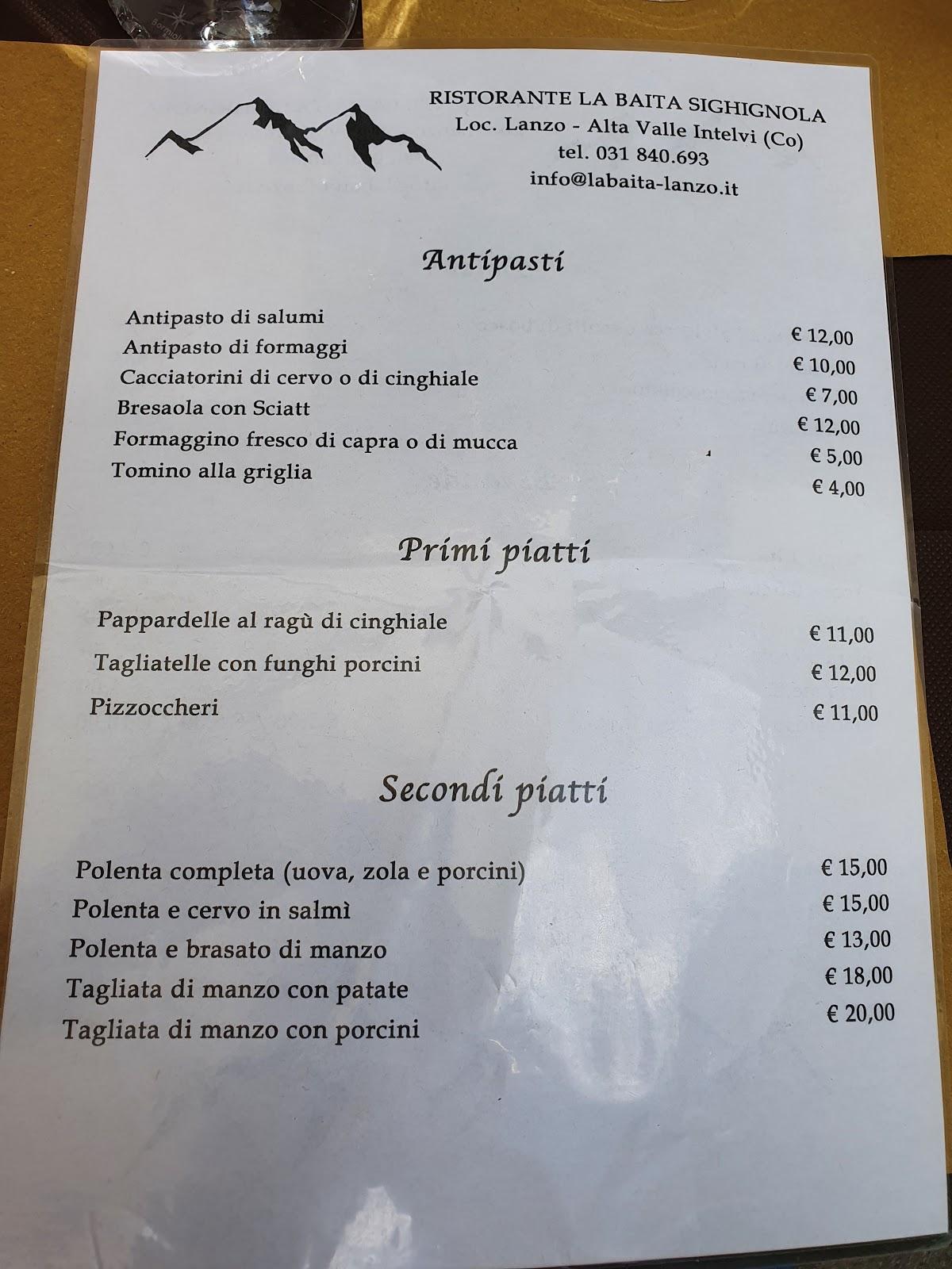 Speisekarte von La Baita Lanzo restaurant, Lanzo d’Intelvi