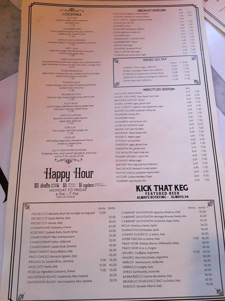Menu at Lilly's restaurant, White Plains
