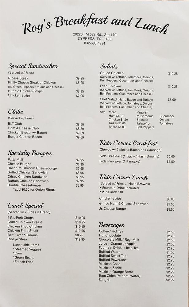 Menu at Roy's Breakfast & Lunch restaurant, Cypress