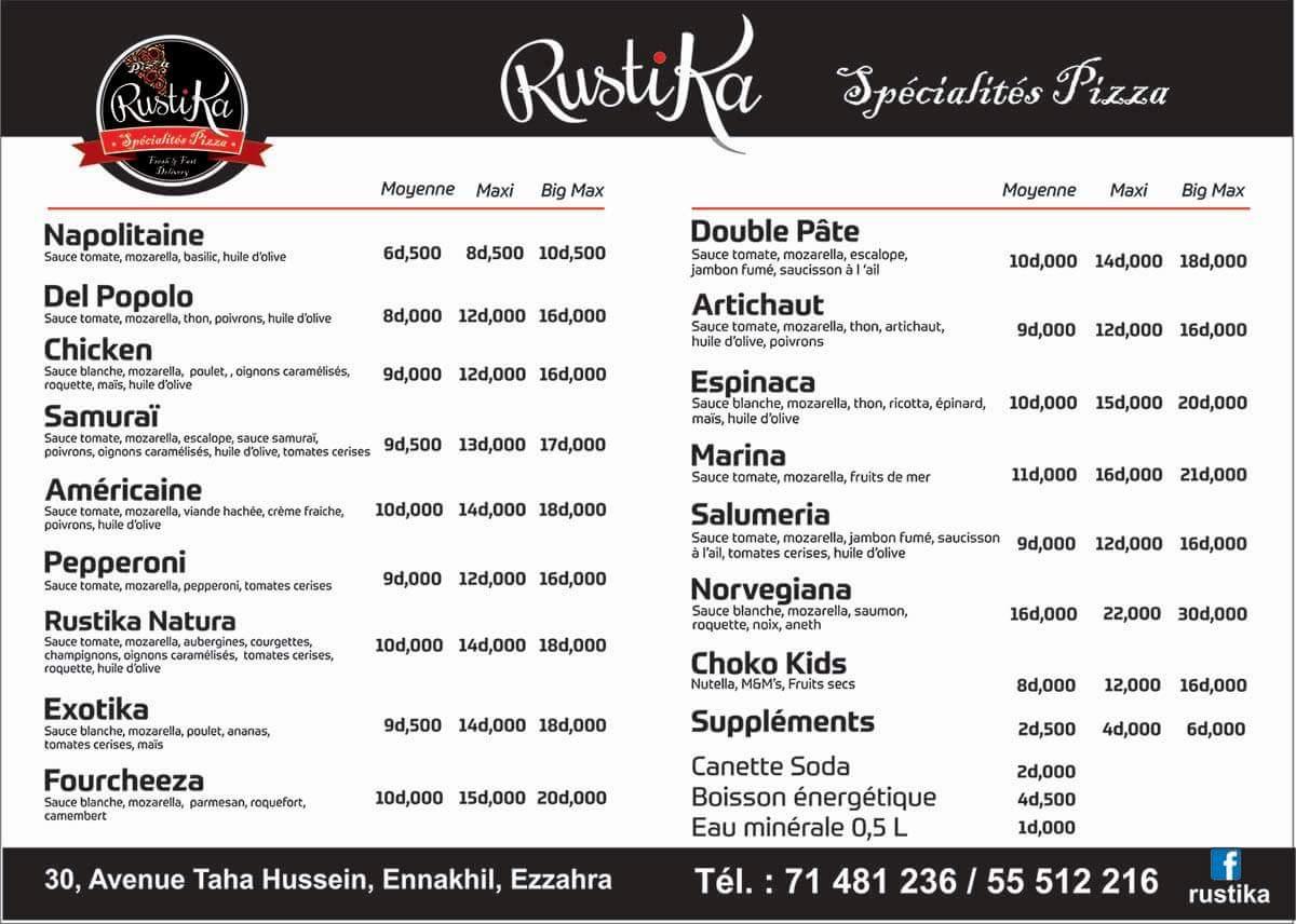 Menu at Rustika restaurant, Ez Zahra