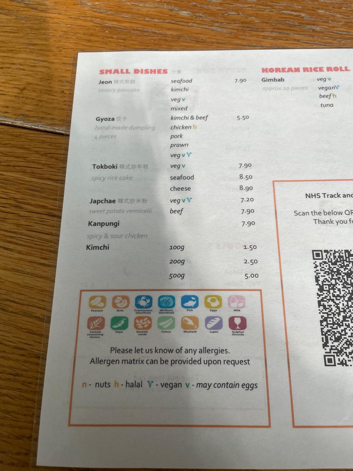 Menu at Seoul Kimchi restaurant, Manchester