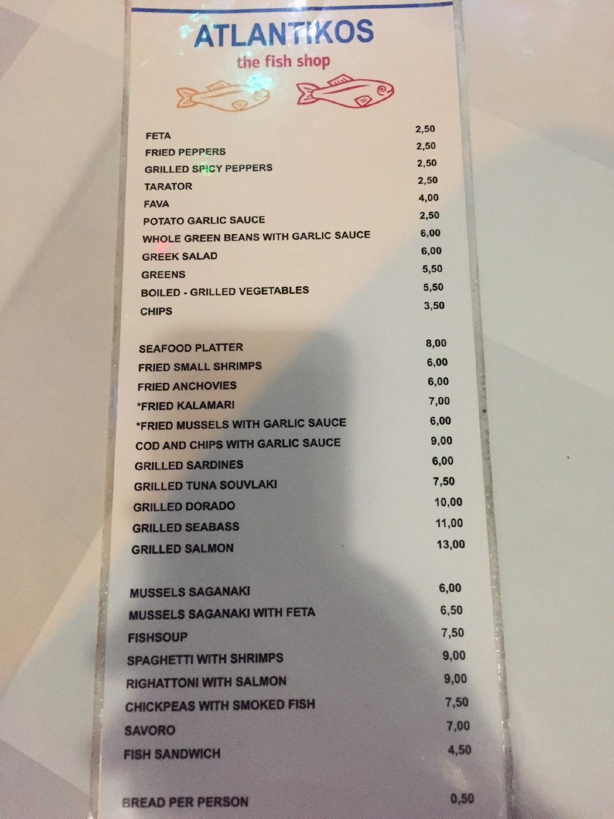 Menu at Atlantikos, Athens
