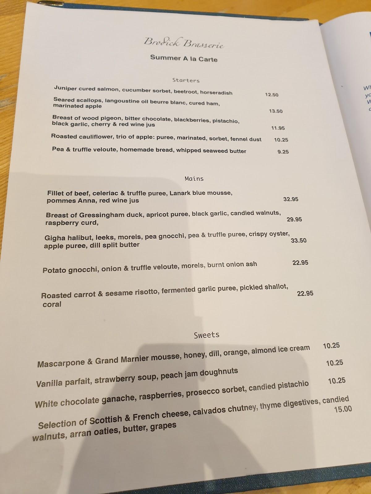 Menu at Brodick Brasserie restaurant, Brodick